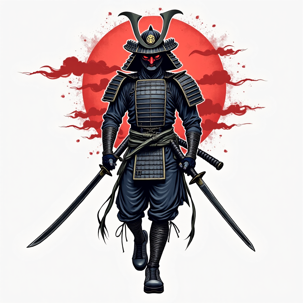 Samurai warrior with katana in flowing | Japanese Tatouage